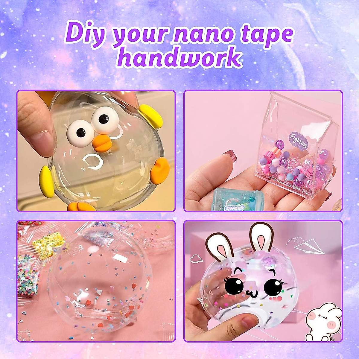 62 Pcs Nano Tape Bubble Kit, Double Sided Elastic Adhesive Tape Bubbles, Handmade DIY Nano Anxiety Relief Stress Balls Toys for Boys Girls, Kids Crafts Party Favors with Glitter Decorative Supplies
