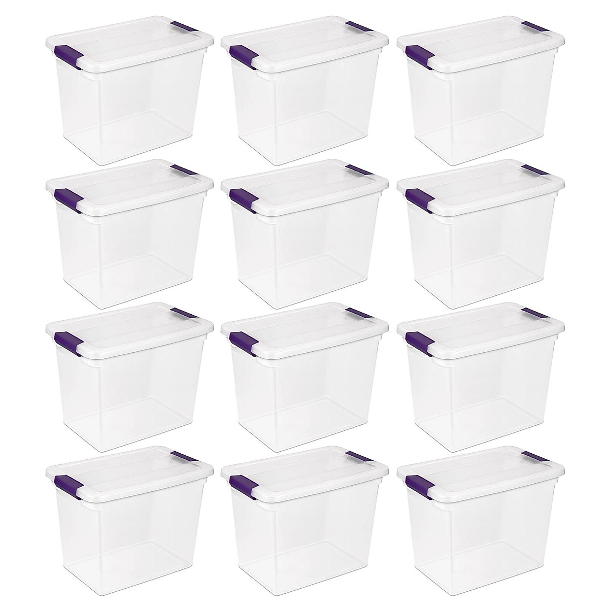 Sterilite 27 Qt ClearView Latch Storage Box Stackable Bin with Latching Lid, Plastic Container to Organize Clothes in Closet, Clear Base, Lid, 12-Pack