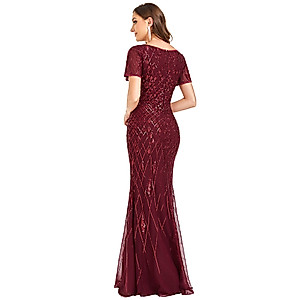 Ever-Pretty Women's Deep V-Neck Short Sleeves Open Back Fishtail Sparkle Formal Dresses Burgundy US6