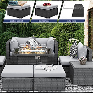 BULEXYARD Grey PE Wicker Patio Furniture Sectional Conversation Sofa Set with 43" Propane/Natural Gas Fire Pit Table, Large Size High Back Outdoor Furniture Set with Fireplace(6Pcs, Light Grey)