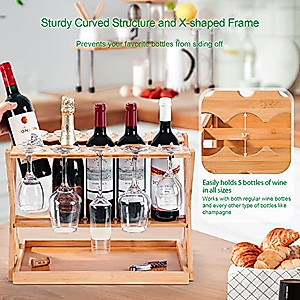 Ollieroo Countertop Wine Rack with Glass Holder, Freestanding Tabletop Small Wine Rack with Cork Tray, Hold 5 Wine Bottles 10 Glasses, Bamboo Wobble-Free Bottle Holder for Kitchen Bar Counter Cabinets
