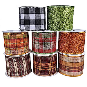 Winlyn 8 Rolls 48 Yards Assorted Fall Plaid Wired Ribbons Buffalo Check Ribbon Glittered Random Fiber Mesh Wired Ribbon Bows Craft Trim Ribbons 2.5" Wide for Holiday Fall Wedding Gift Wrapping Wreath