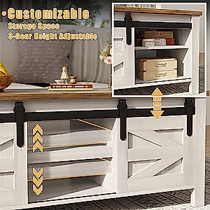 Furmax Coffee Table with Storage and Sliding Barn Doors, Farmhouse Living Room Table with Adjustable Shelves, Wood Rustic Center Table for Home Living Meeting Room (Antique White)