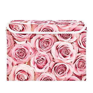 MFTJYO Storage Bin with Lid Pink Rose Flower Foldable Storage Box Washable Fabric Storage Cubes Bin Organizer Basket Closet for Home Bedroom Closet Nursery Office