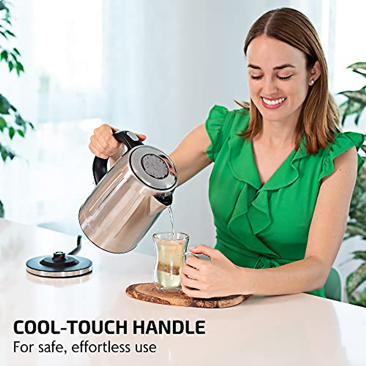 Ovente Stainless Steel Electric Kettle Hot Water Boiler 1.7 Liters - Powerful 1750W BPA Free w/ Auto Shut Off & Boil Dry Protection, Portable Instant Hot Water Pot for Coffee & Tea - Silver KS711S