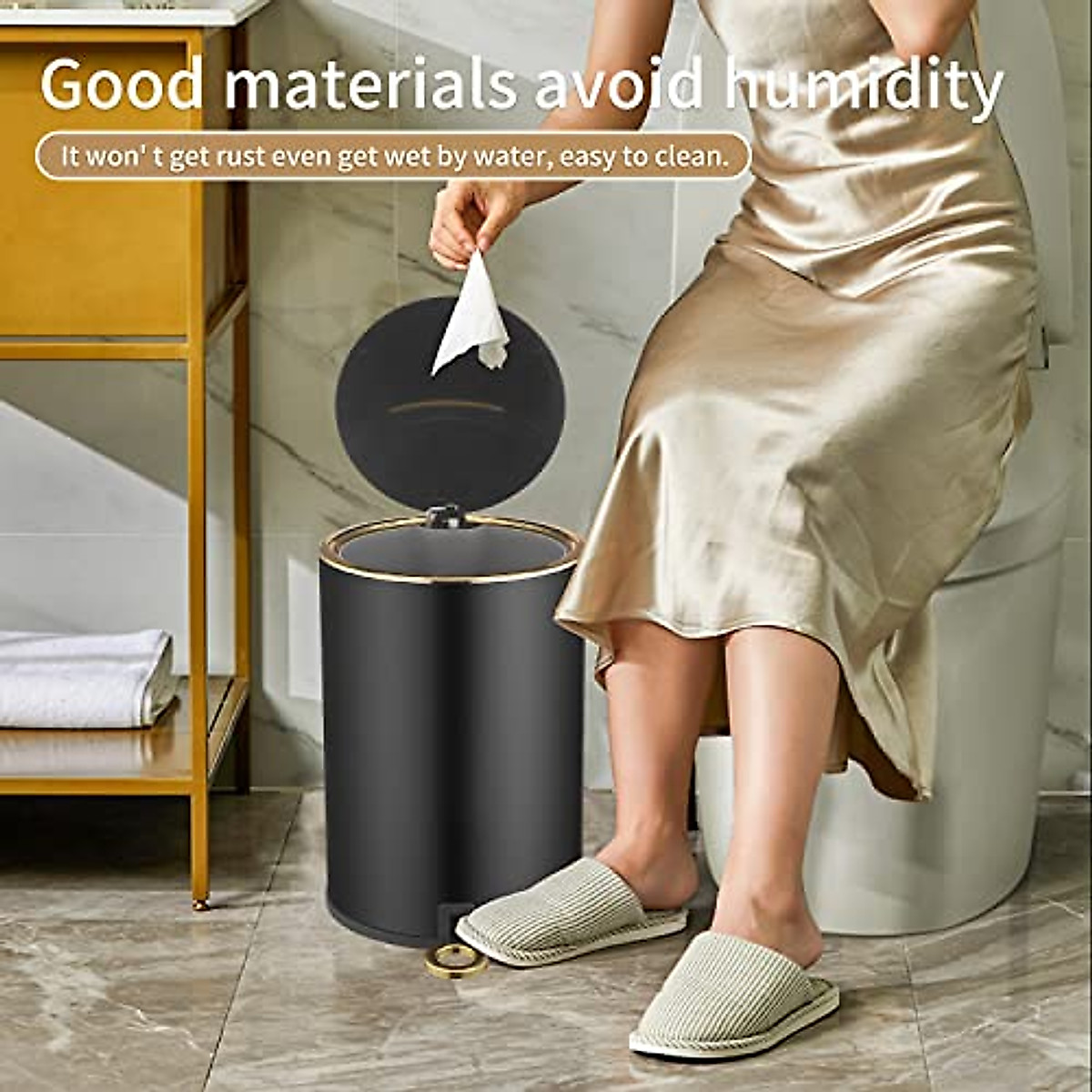 Trash Can with Lid, 8L/2Gallon Bathroom Garbage Can with Foot Pedal, Stainless Steel Step Trash Bin for Bedroom, Toilet, Kitchen, Round Waste Basket with Soft Close Lid for Office, Metal Garbage Bin(Black)