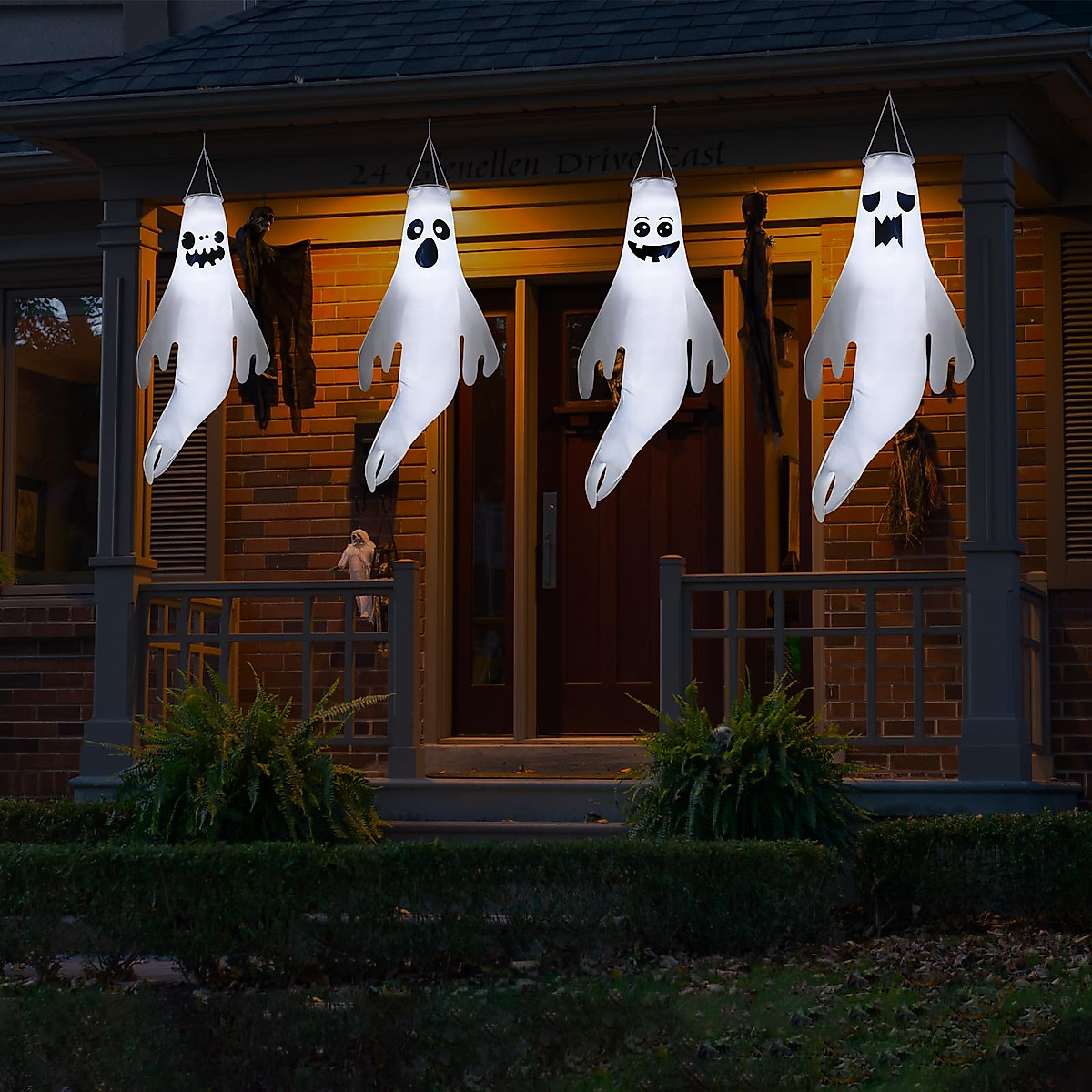 4 Pcs 45 Inch Halloween Hanging Ghost Decorations Outdoor Ghost Windsock Outsider Waterproof Timed Hanging Ghost Decorations Remote Control String of Lights Tree Ghost (Warm and Cold Lights)