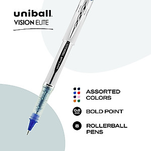 Uni-Ball Vision Elite Rollerball Pen Assorted Color 8-Pack Airplane Safe #90199