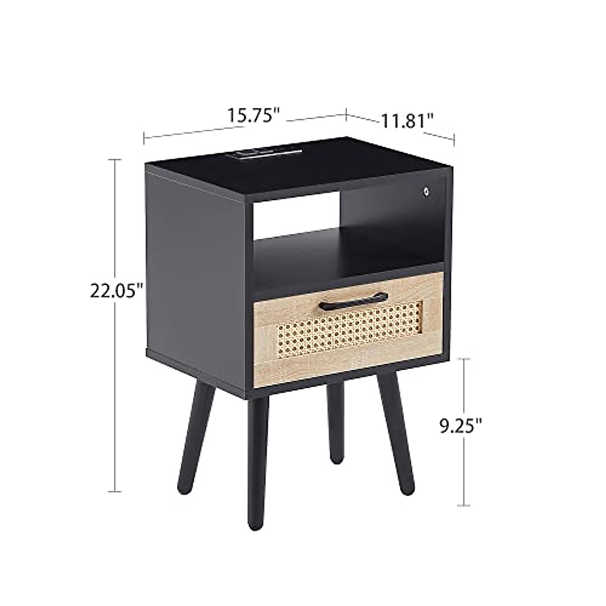 Exquisite Nightstands Set of 2, Night Stands with Power Outlet & USB Ports,Rattan Decor Drawer, Bed Side Tables with Solid Wood Feet, End Table, for Bedroom, Living Room, Dormitory - Black