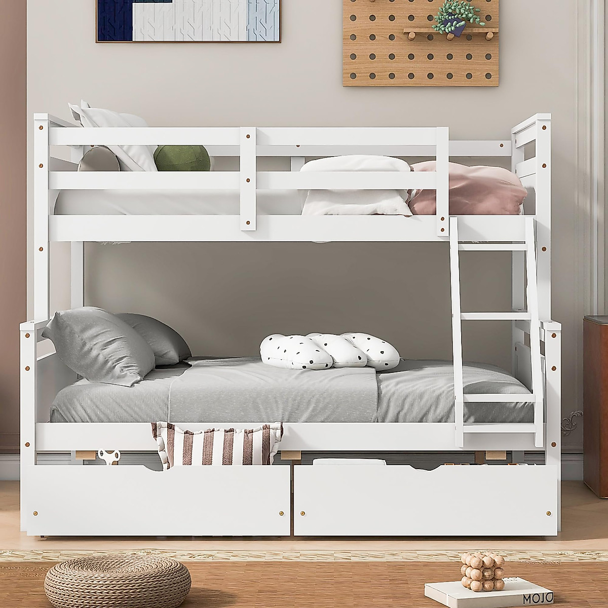 Merax Twin Over Full Bunk Bed, Kids Bedroom White Wooden Bunk Bed Frame, Convertible to 2 Separated Beds with 2 Big Drawers, Ladder & Guardrail for Teens, Wood Slat Support, Easy Assembly, White