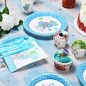 171 Pcs Elephant Theme Baby Shower Decorations for Boys It's a Boy Banners Blue Plate Napkins Cups Disposable Forks Tableware Tablecloth Elephant Decorations Set for Girl Birthday Party, Serves 24