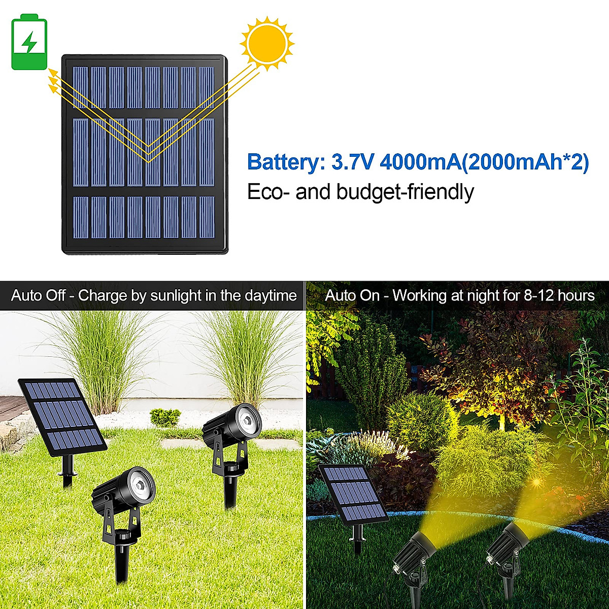 T-SUN Solar Spotlights 2W Outdoor LED Landscape Spot Light, 2-in-1 Waterproof Solar Powered Wall Lights Auto ON/Off with Dual Headlamp for Garden, Yard, Pathway(Warm White)
