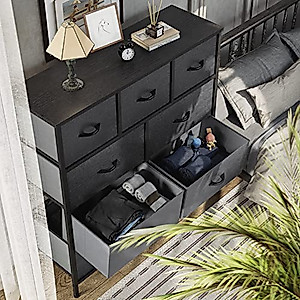 YITAHOME Dresser for Bedroom with 9 Drawers - Fabric Storage Tower, Tall Chest Organizer Unit for Living Room, Nursery, Entryway, Closets with Sturdy Steel Frame, Wooden Top, Black Grey