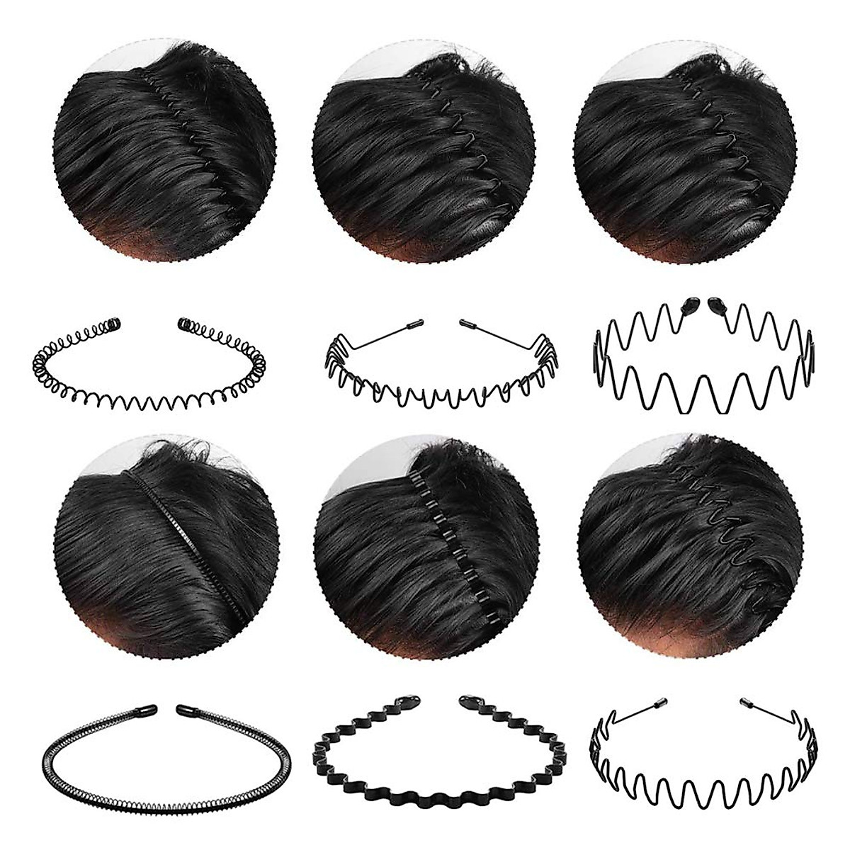 Hair Hoop,6Pcs Unisex Wavy Headband Metal Hair Hoop Multi-style Wave Spring Headband Wavy Comb Hair Band Accessories for Men and Women Black