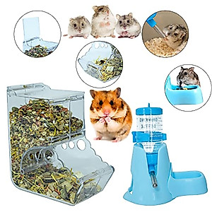 Hamster Automatic Feeder Dispenser for Small Animal Rhamster Ferret Bunny Rabbit Pig Hedgehog Bird Feed Pets, Mini Auto Food Feeding Cage Water Bowl for Vacation（1pcs Feeder+1pcs Water Bowl(Blue)