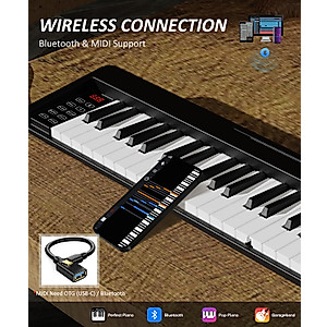 Finger Dance 61 Key Folding Piano Keyboard, Upgrand Imitation Wood Texture Keyboard Portable Piano, Bluetooth & MIDI, Foldable Keyboard Piano for Beginner - Deep Black