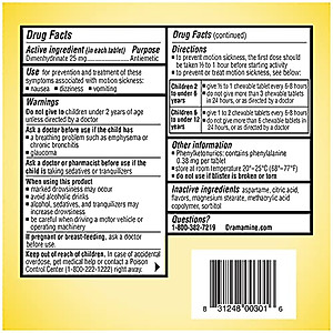 Dramamine Motion Sickness for Kids, Chewable, Dye Free, Grape Flavored, 8 Count