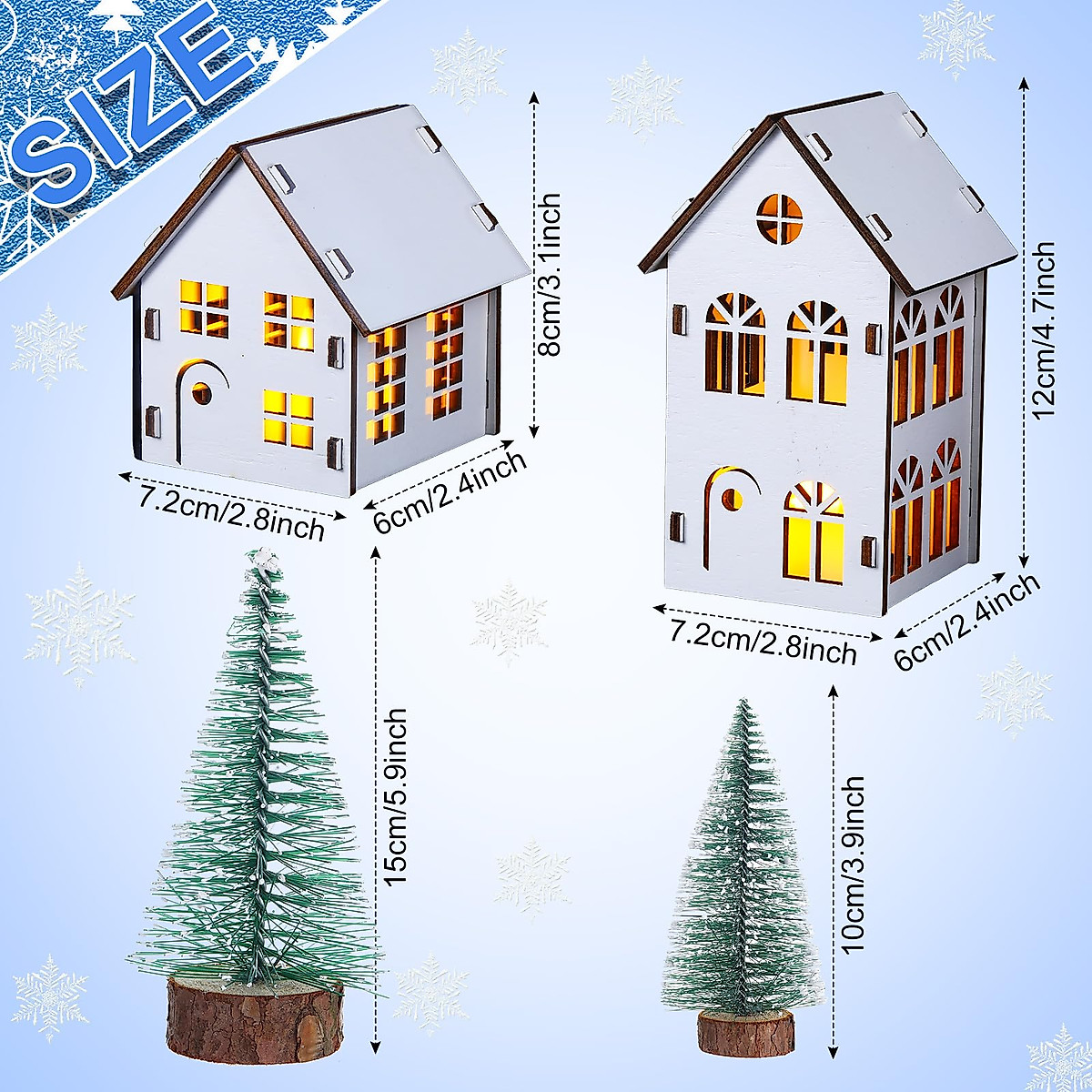 Sawysine Winter Village Kit DIY White Wood Village Houses Mini Tree Farmhouse Winter Christmas Sets Scene Desktop Ornament for Xmas Holiday Party(16 Pcs)