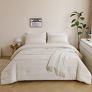 ZRNBAST 5 Pcs Beige Grey Comforter Set Full Size Pleated Textured Bohemian Style Bedding Set with Sheets Pinch Pintuck Striped Fluffy Comforter Set for All Seasons (Beige, Full)