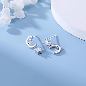SLUYNZ 925 Sterling Silver CZ Crystal Star Moon Studs Earrings for Women Sparkling Asymmetric Studs Earrings (Star Moon Earrings)