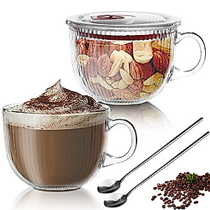 OULOVECO Glass Cereal Bowl Clear Oatmeal Bowl with Handle Spoon,Glass Coffee Mug with Lids Milk Breakfast Bowls Yogurt Bowl for Latte Tea Microwave Safe,400ml/13.5 oz,Set of 2