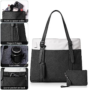 Cute Tote Bags for Women,Lightweight Laptop Bag with Zipper and Pockets for Work Travel College,School Book Bag Handbags,Canvas,Black