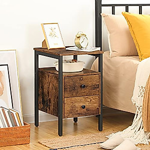 HOOBRO Nightstand, Bedside Table with 2 Drawers and Storage Shelves, Side End Table, Sofa Table for Living Room, Bedroom, Accent Furniture, Easy Assembly, Rustic Brown and Black BF43BZ01G2
