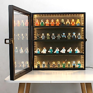 LIZIPAI Display Case for Figures,,Display Case with Shelves ,Minifigure Display Case Comes with Small Pellet Base Plate，Colour Changing Lights，Lockable Removable Shelves Black