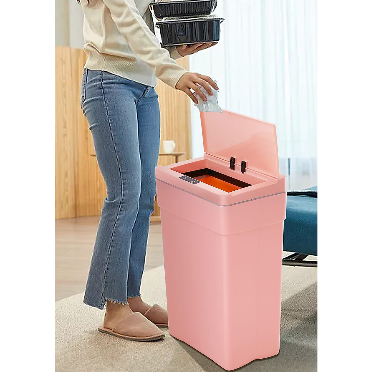 Trash Can 13 Gallon Plastic Automatic Trash Can with Lid for Bedroom Bathroom Home Office Garbage Can Trash Bin Touchless Trash Can Sensor Trash Can Electric Trash Can 50 Liter，Pink