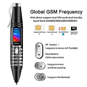 Pen Mini Cell Phone Bluetooth Dialer 0.96" Tiny Screen Mobile Phone Support GSM Dual SIM Max 32G TF Card with Camera Flashlight Radio Music Player Rechargeable (Black)