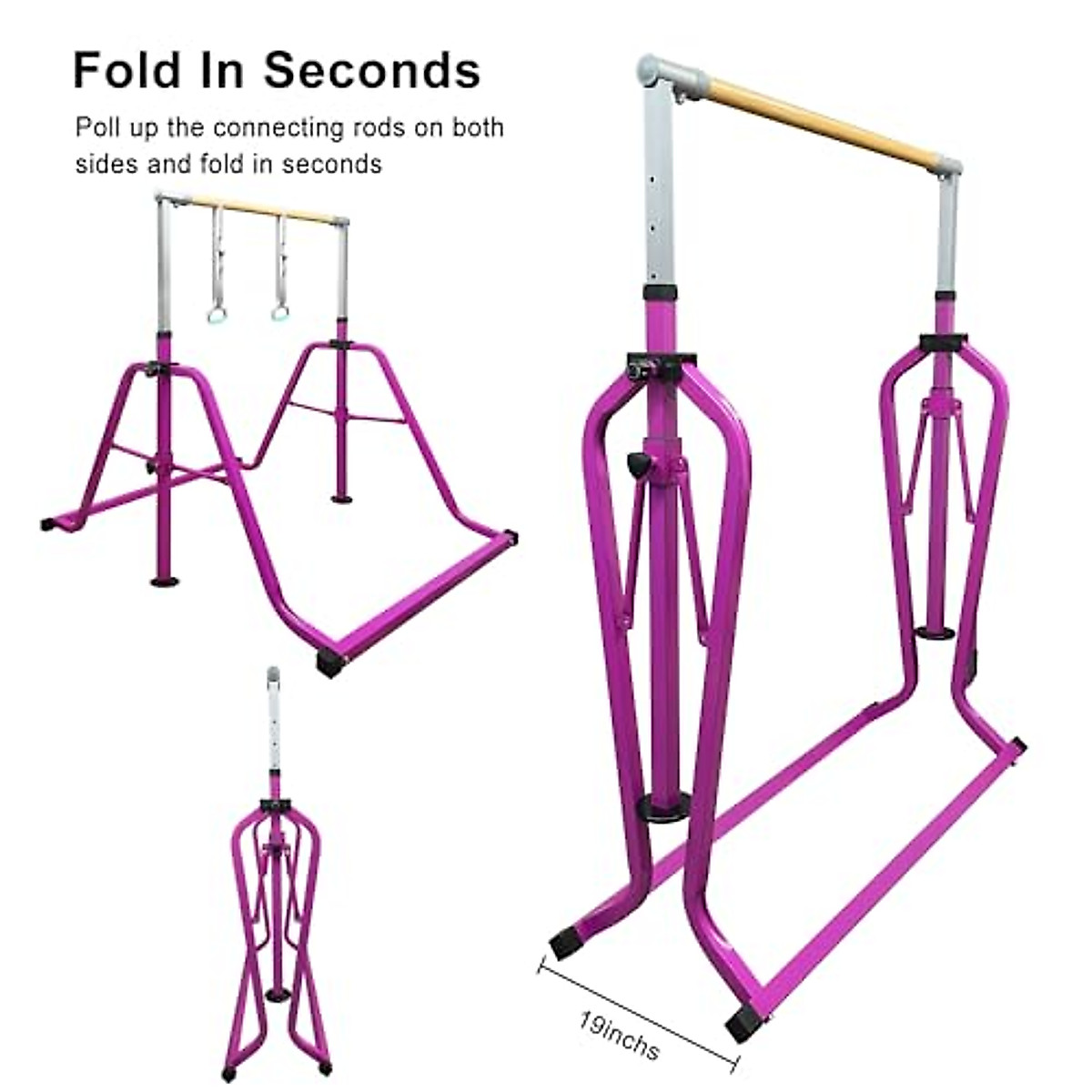 YANGG Foldable Gymnastics Kip Bar for Kids,3'to 5' Adjustable Height Horizontal Bar,Home Gym Equipment for Home Training (Without MAT, Purple)