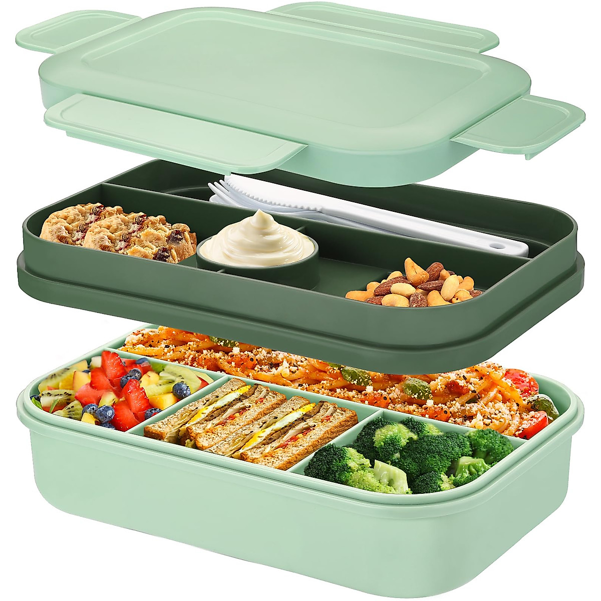 Bento Box Lunch Boxes,68oz Bento Lunch Box for Adults Kids,Stackable Japanese Lunchbox with 8 Compartments,Leak Proof Meal Prep Container Box with Cutlery Set,Microwave Dishwasher Safe (Green)