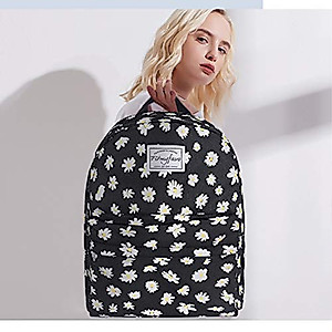 Fitmyfavo Black Daisy Daisy Printed Girl's Waterproof Laptop Backpack for Elementary to High School Students (15L, 14" Laptop Compatible, Large, Black Daisy)