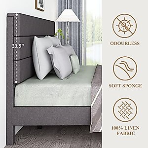 Benevika King Size Upholstered Platform Bed Frame with Linen Fabric Simple Style Headboard and Wooden Slats Support, Upholstered Mattress Foundation, No Box Spring Needed, Easy Assembly, Grey