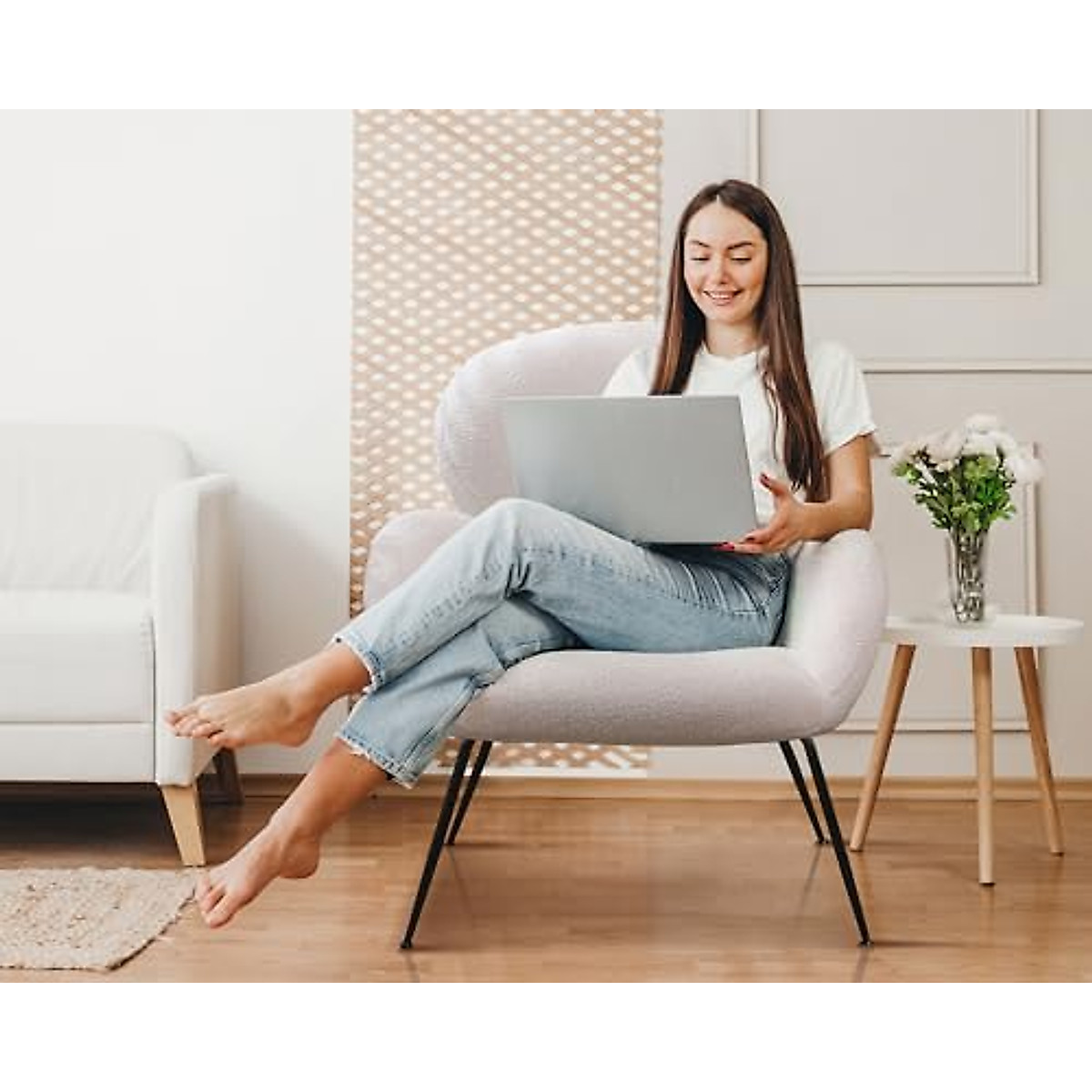 Aimerive Accent Chair, Living Room Teddy Chair Fabric, Modern Upholstered Sherpa Chair with Black Metal Legs, Accent Armchair with Backrest,Comfy Reading Chair for Bedroom,Relaxing,White