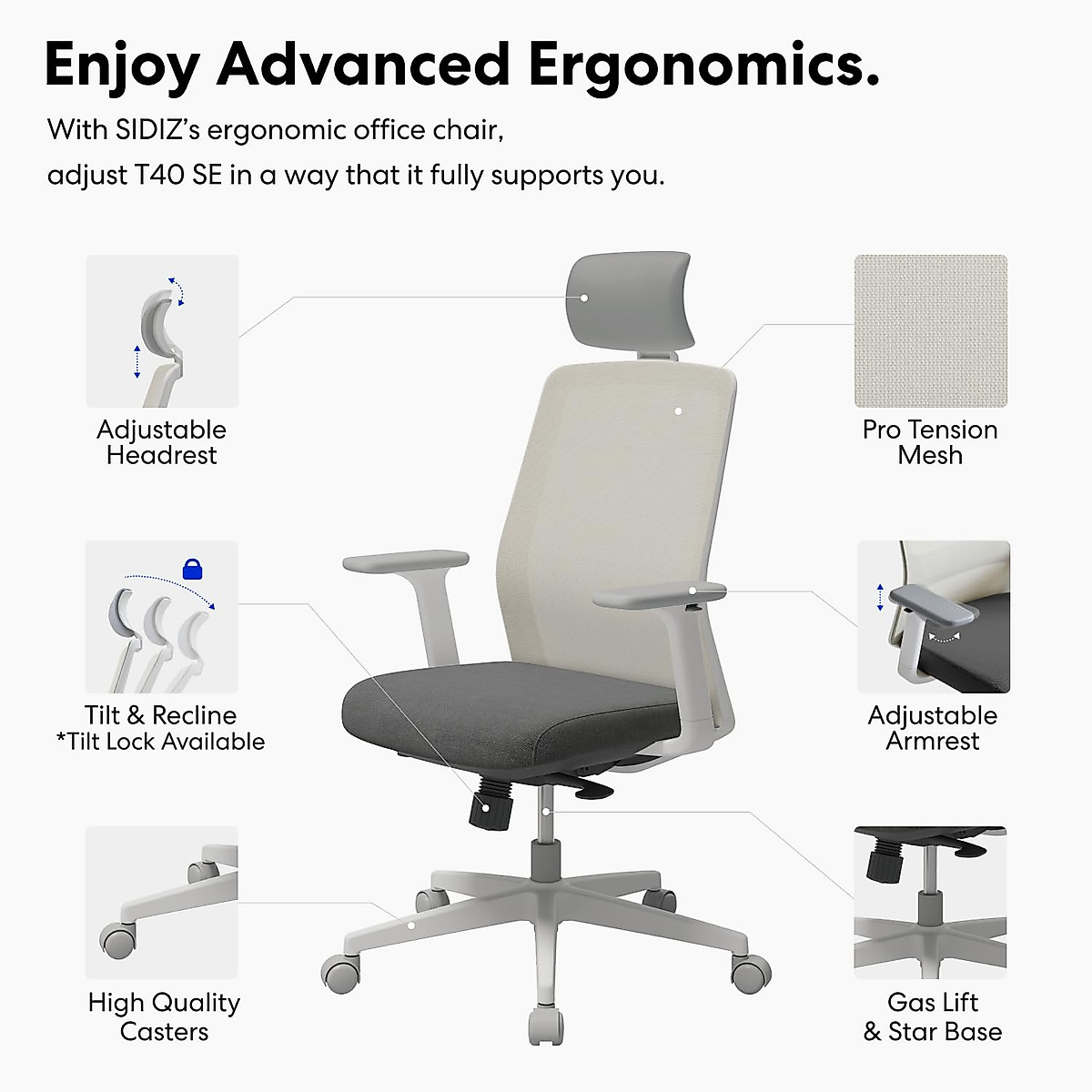 SIDIZ T40 SE Ergonomic Office Chair : Comfortable Home Office Chair for Light Users with Reclining Tilt Lock, Headrest, 3D Armrests, Mesh Back Computer Desk Chair, Alternative Gaming Chair (Gray)