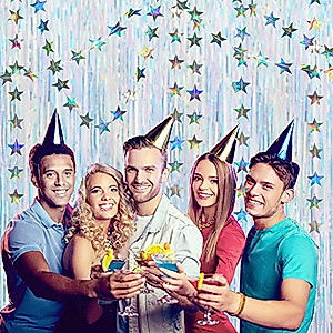 Iridescent Tinsel Foil Fringe Curtains for Birthday Party Photo Backdrop Twinkle Star Garland Holographic Backdrop for Disco Euphoria Party Decorations