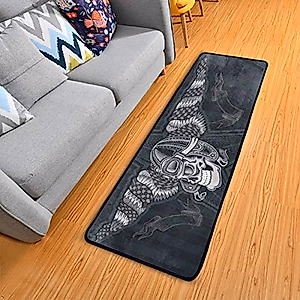 Skull with Vintage Motorcycle Runner Rug Floor Mat Non-Skid Kitchen Rug Soft Area Rug for Bathroom Entryway Hallway Dining Living Room