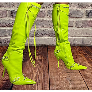 Women Pointy Toe Knee High Heel Boot with Tassel Zipper Bexie-3 Lime 11