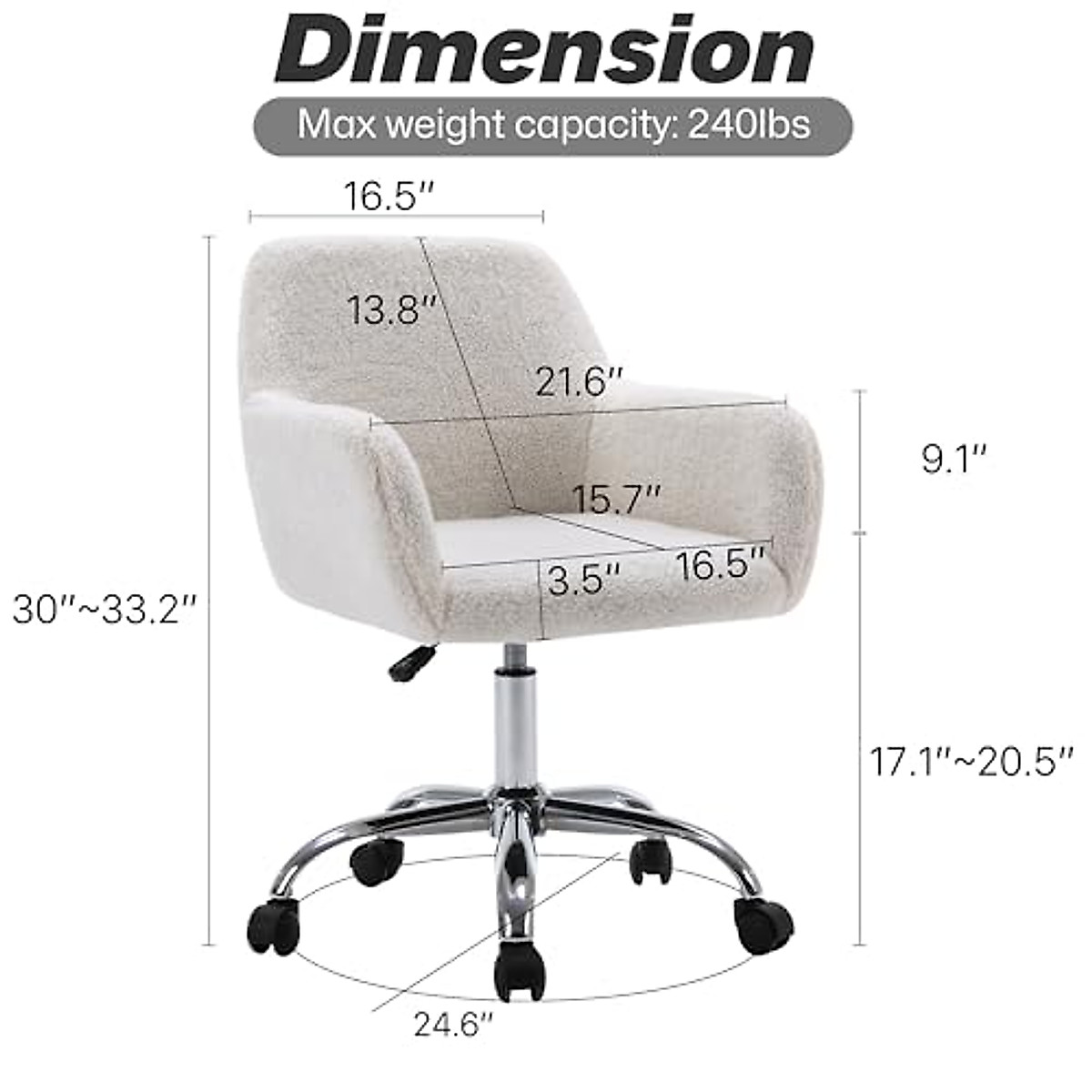 KCC Faux Fur Vanity Makeup Desk Chair, Comfy Fluffy Swivel Modern Leisure Armchair with Wheels, Upholstered Fuzzy Height Adjustable for Teens Women Girls Elegant Home Office