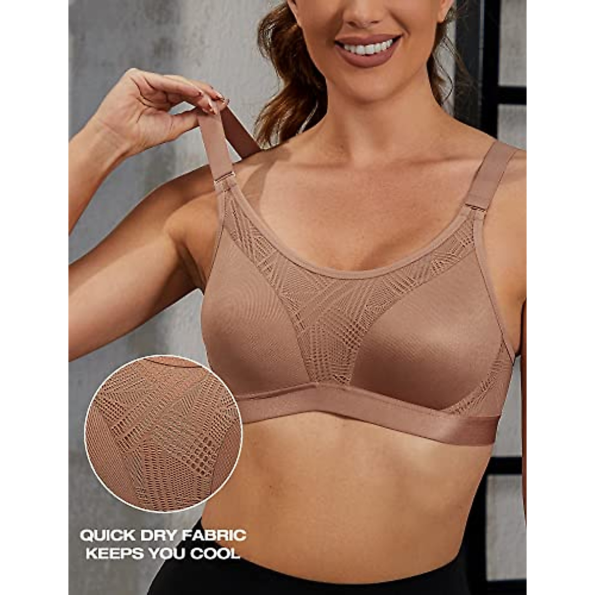 ZeroBound Medium Impact Sports Bras for Women Plus Size Wirefree Non Padded Supports Workout Yoga Bras (Caramel,38DDD)