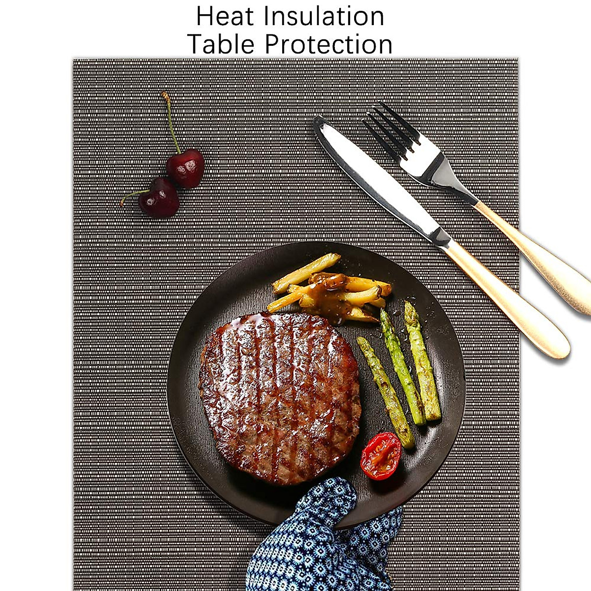 Myir JUN Place Mats, Table Mats Set of 8 Indoor Placemats Washable Non-Slip Heatproof Woven Placemats for Dining Table Fabric Place Mat PVC (Dark Gray, Set of 8)