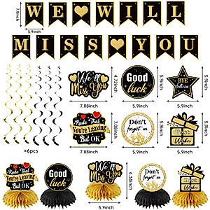 Turypaty Retirement Party Decorations Supplies for Men Women, 45PCS Black Gold Farewell Decorations, We Will Miss You Banner Backdrop Table Toppers Hanging swirls Pompoms Going Away Party Decorations