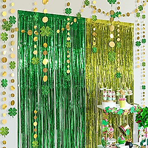 Green Gold Tinsel Foil Fringe Curtain Backdrop Shamrock Clover Garland Kit for St Patrick’s Day Decorations Irish Party Decoration Spring Wedding Engagement Birthday Party Supplies