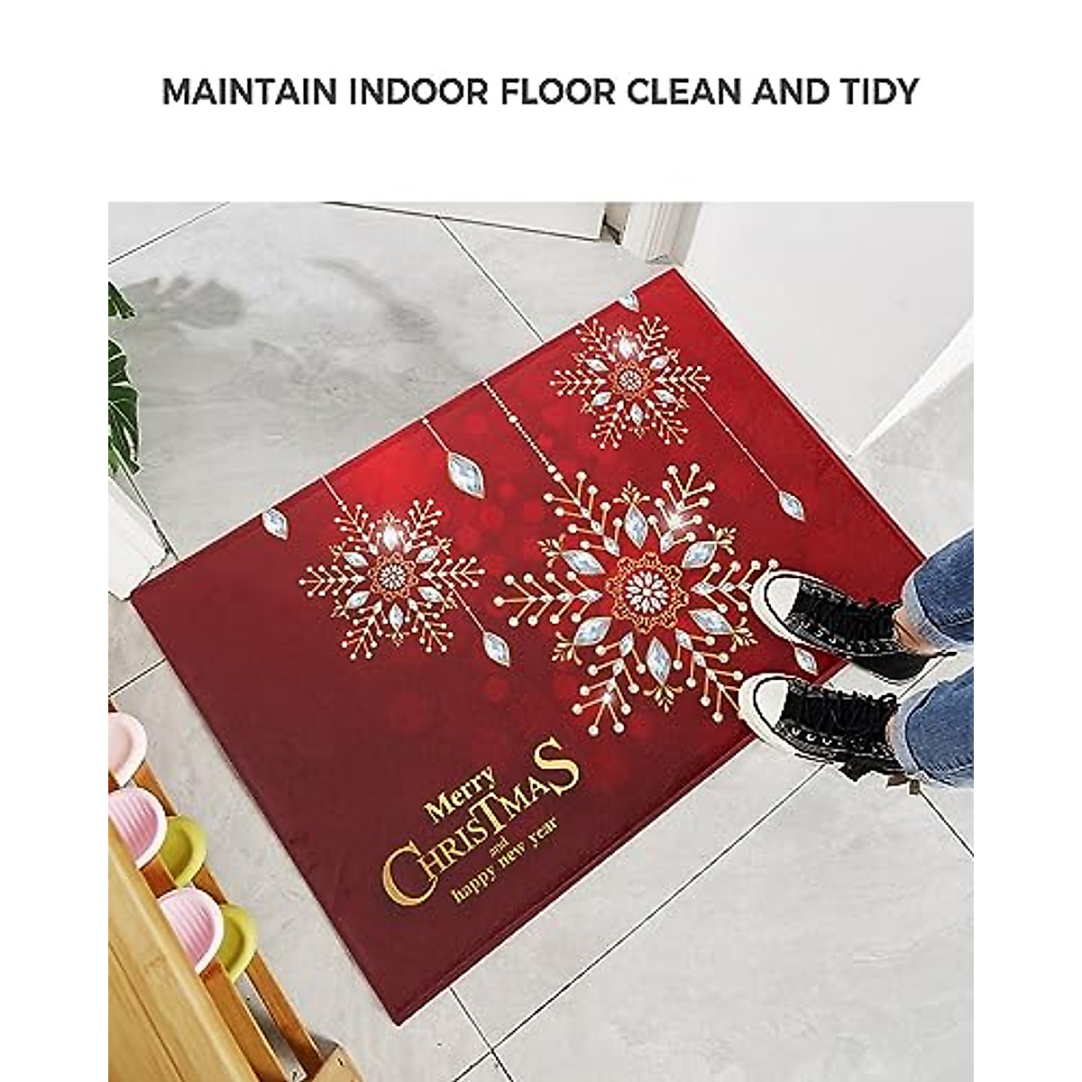 Indoor Doormat Merry Christmas Snowflake Glow Diamonds,Shaggy Floor Mat with Non-Skid Backing Dots Shadow Red Back,Machine Washable Plush Area Rug Carpets for Kitchen Nursery Bedroom