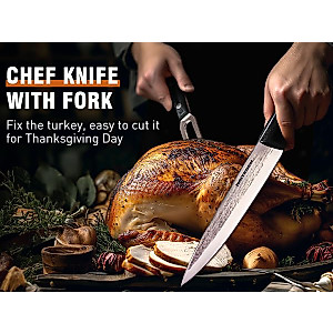 Naitesen 3PCS Kitchen Chef Knife Set Very Sharp Hand Forged Chef Knife Boning Knife Fork Set for Meat CuttingHigh Carbon Steel Kitchen knives with for BBQ, Turkey, Ham, Meat, Brisket