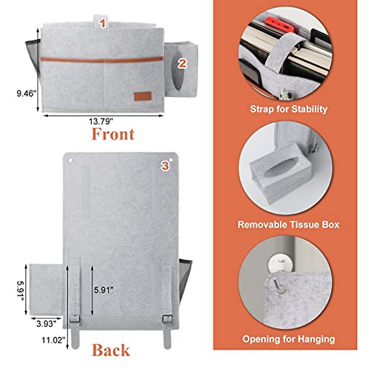 Surblue Bedside Caddy Felt Bed Storage Organizer Hanging Bag with Tissue Box and Water Bottle Pocket for Mattress Sofa Bunk Bed Bed Rails Lightgray