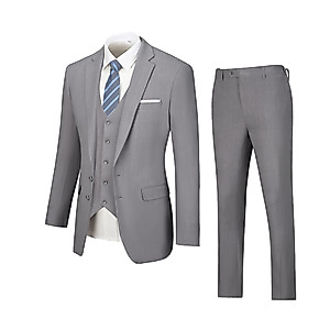 Furuyal Linen Suits for Men 3-Piece Casual Summer Beach Wedding Retro Slim Fit Tuxedo Groom Tux Blazer Vest & Pants Gray-XL