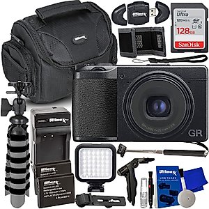 Ricoh GR IIIx Digital Camera + SanDisk 128GB Ultra SDXC Memory Card, 2X Extended Life Replacement Batteries, LED Light Kit with Mounting Bracket, Selfie Stick & Much More (22pc Bundle)