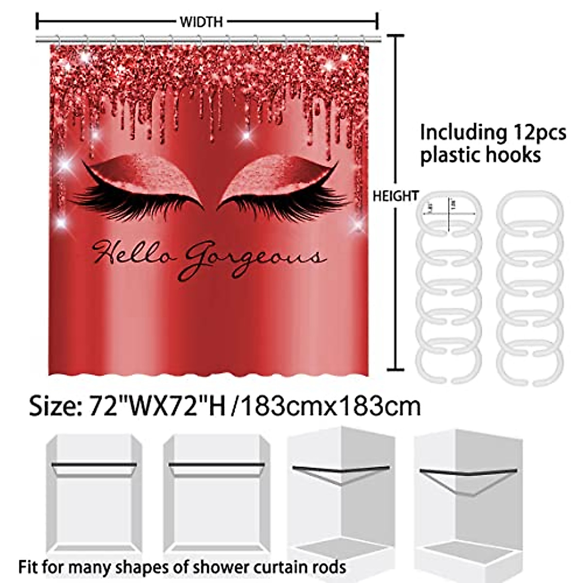 4Pcs Red Hello Gorgeous Shower Curtains Bathroom Sets with Rugs and Accessories for Women Bling Eyelash Modern Red Shower Curtains Sets with Soft Bath Mat and Toilet Seat Cover